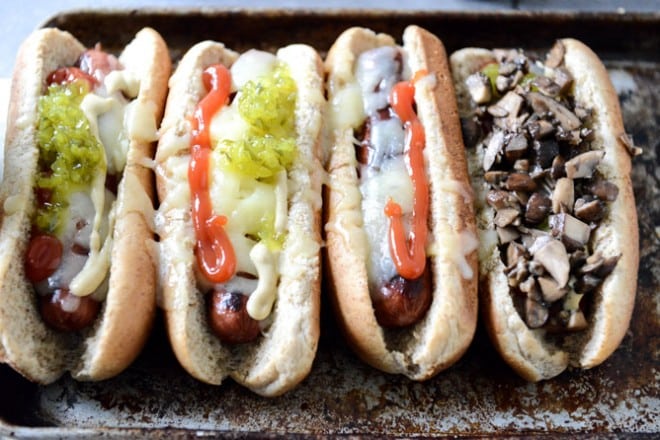 Loaded Cheddar Hot Dogs with Honey Caramelized Onions, Garlic Mushrooms ...