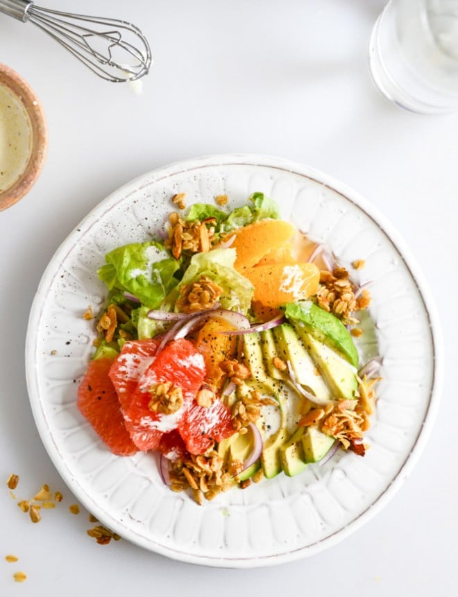 Avocado Citrus Crunch Salad with Oat Croutons and Buttermilk Drizzle