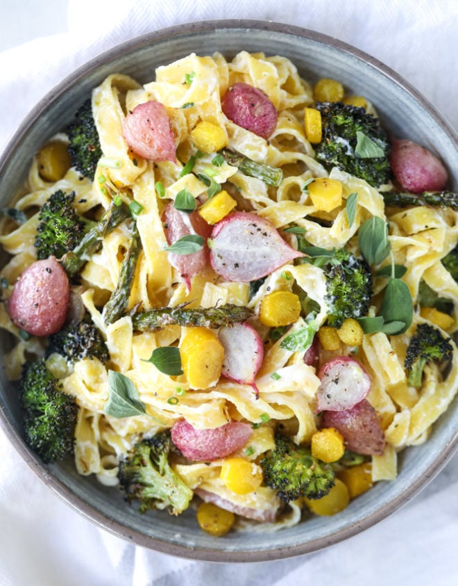 Roasted Spring Vegetable and Goat Cheese Fettuccine. - How Sweet Eats