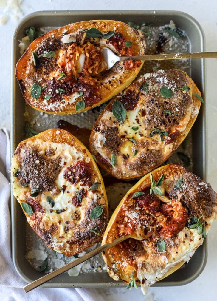 Spaghetti Squash Parmesan - Roasted Spaghetti Squash with Marinara