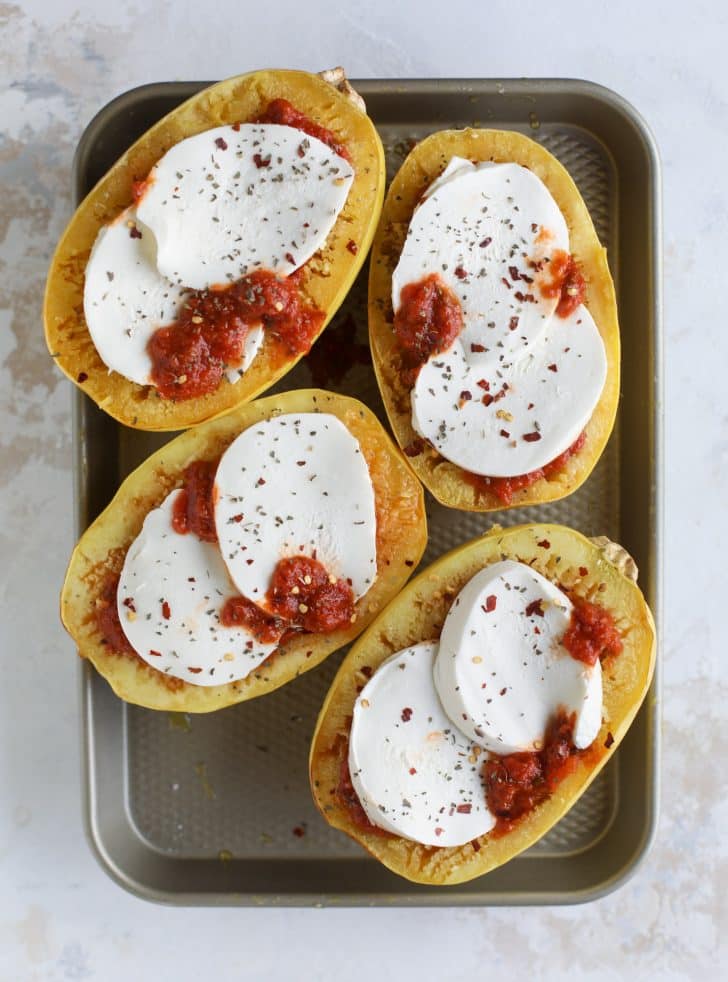 Spaghetti Squash Parmesan - Roasted Spaghetti Squash with Marinara