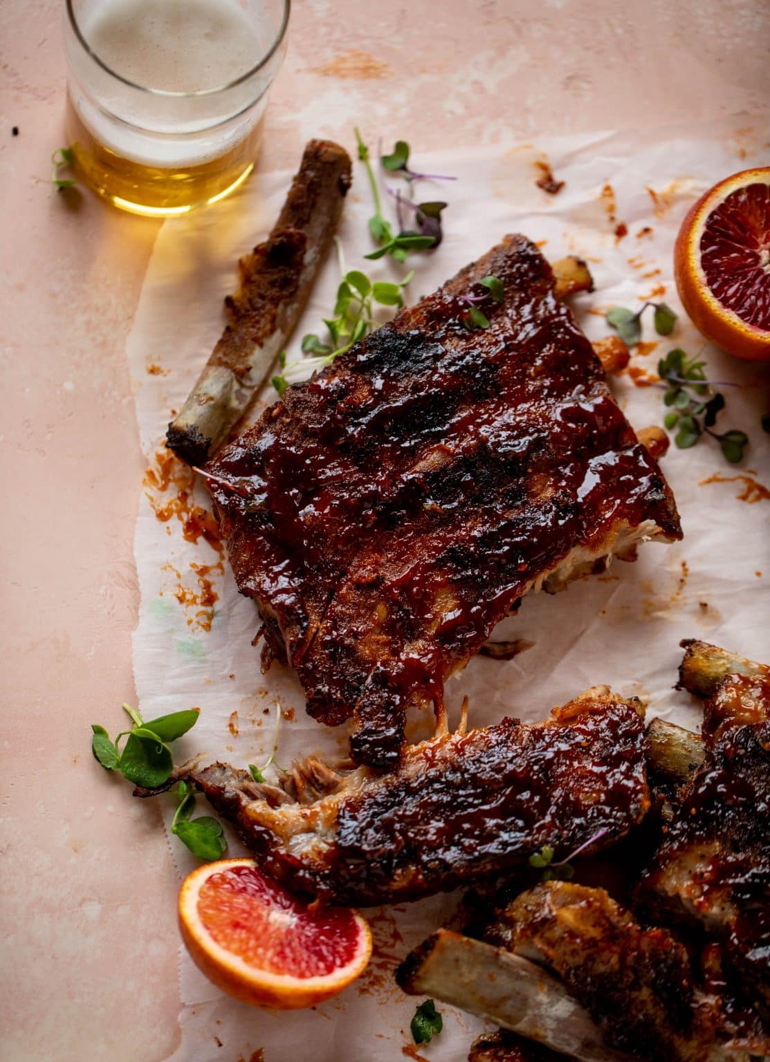 Blood Orange BBQ Ribs with Avocado Butter Greens