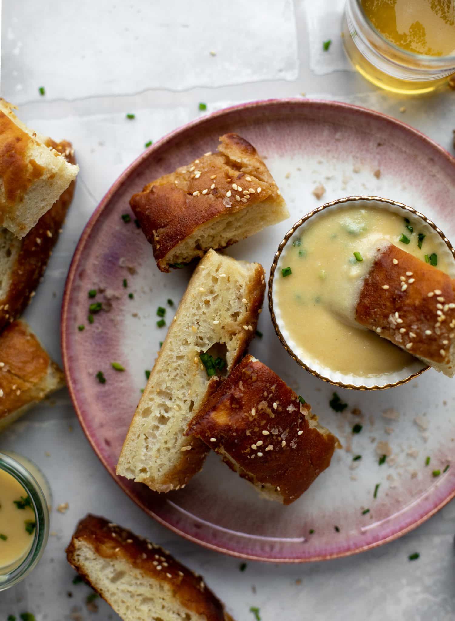 Pretzel Focaccia Bread with Dijon Beer Cheese - Pretzel Focaccia