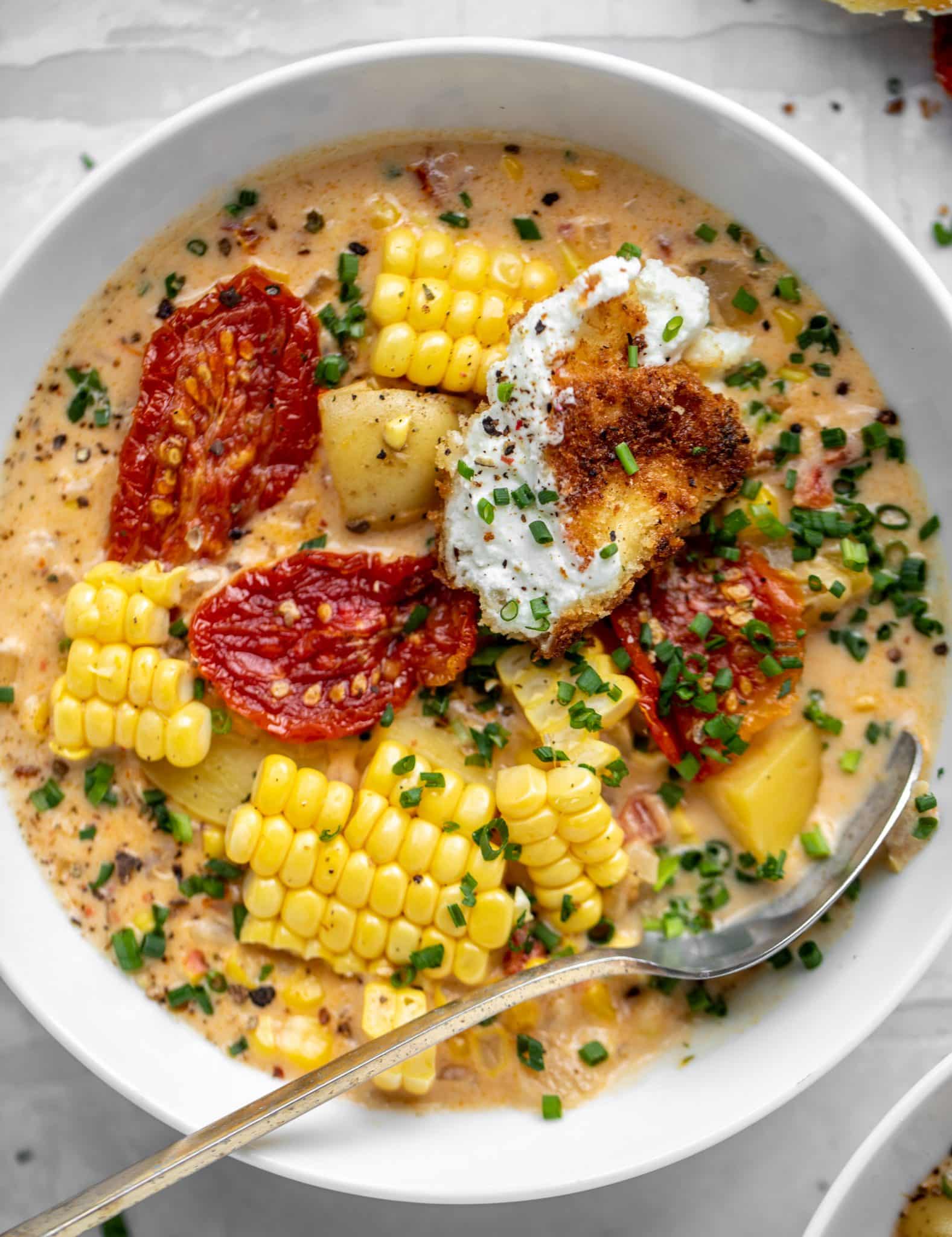 Corn Chowder - Sun Dried Tomato Corn Chowder & Crispy Goat Cheese