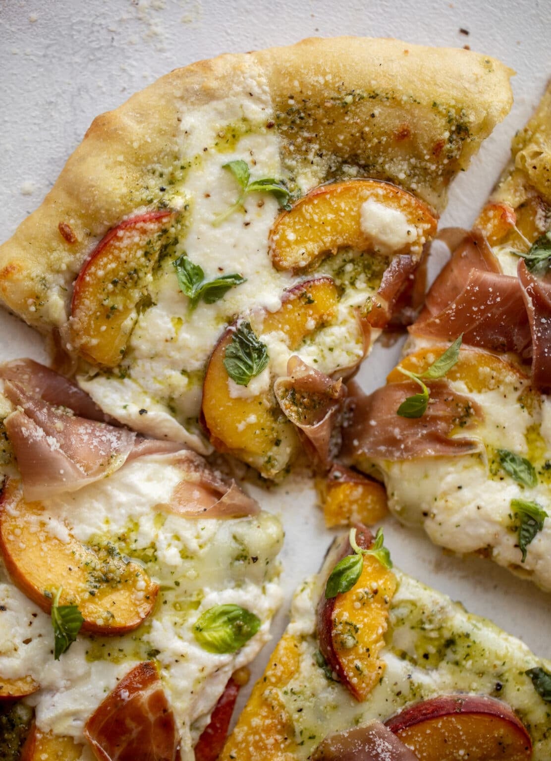 Pesto Peach Pizza with Prosciutto - Pesto Peach Pizza with Burrata
