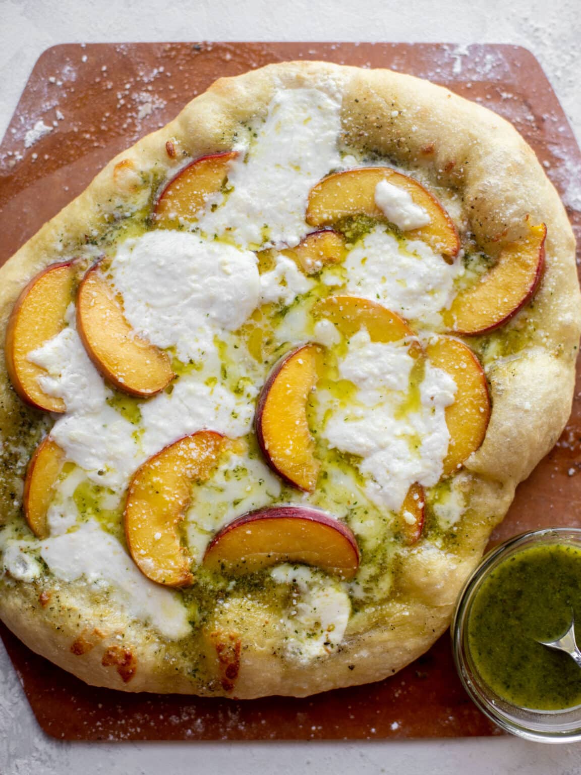 Pesto Peach Pizza with Prosciutto - Pesto Peach Pizza with Burrata