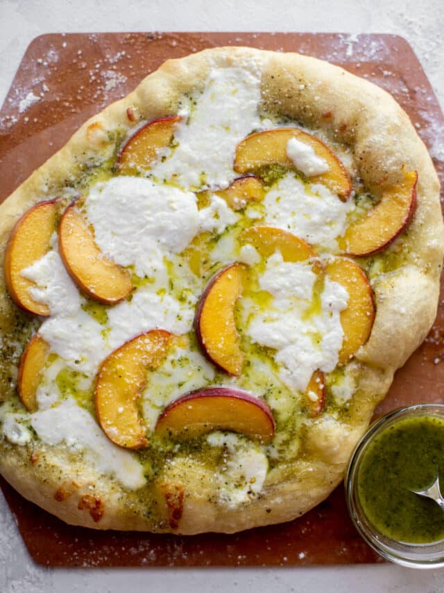 Pesto Peach Pizza with Prosciutto - Pesto Peach Pizza with Burrata