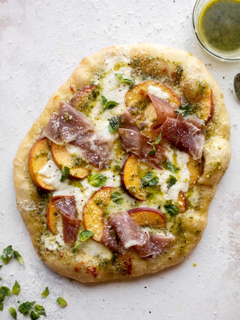 Pesto Peach Pizza with Prosciutto - Pesto Peach Pizza with Burrata