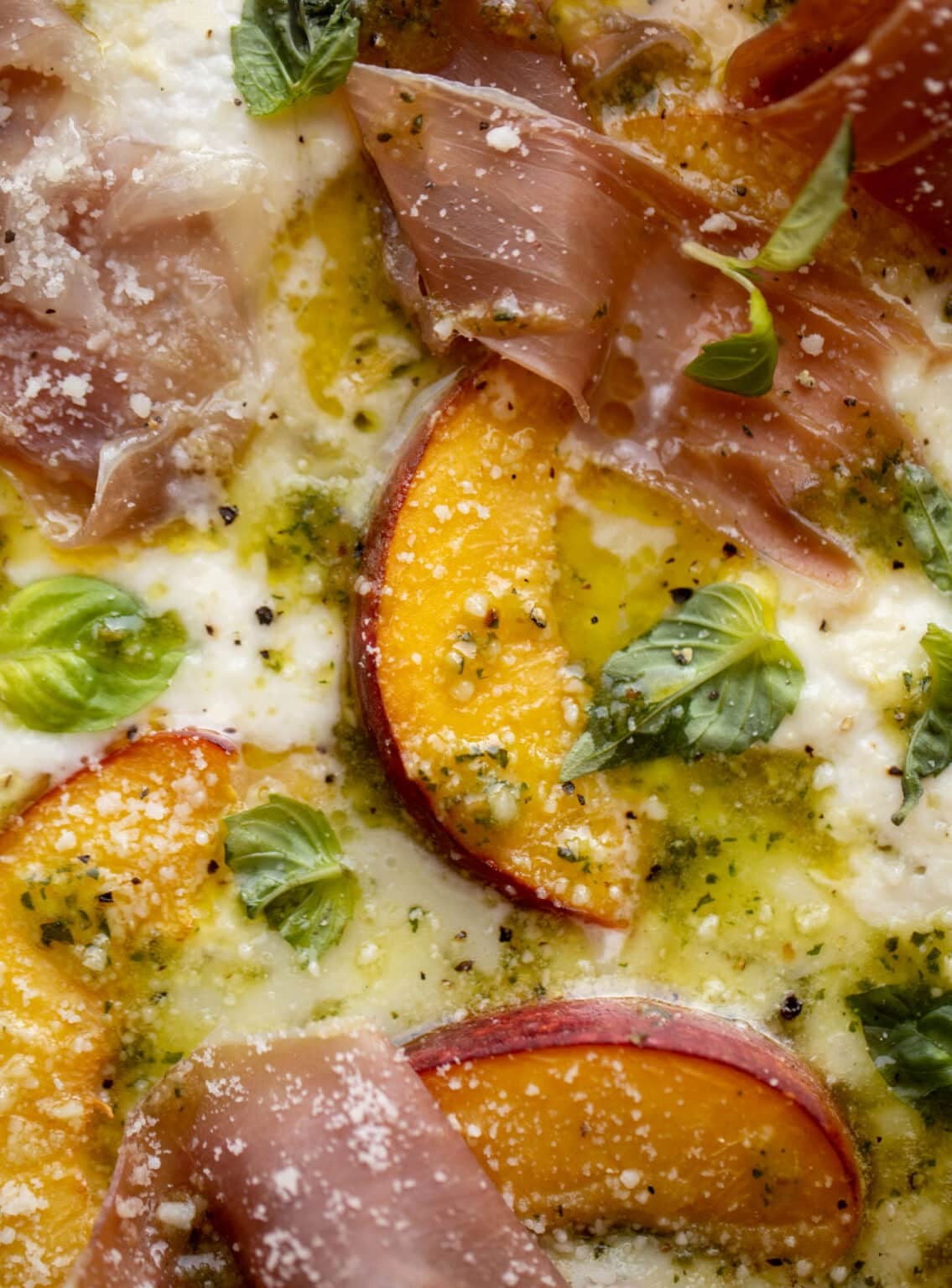 Pesto Peach Pizza with Prosciutto - Pesto Peach Pizza with Burrata