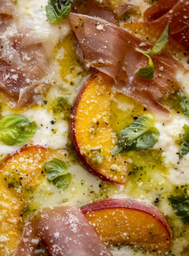 Pesto Peach Pizza with Prosciutto - Pesto Peach Pizza with Burrata