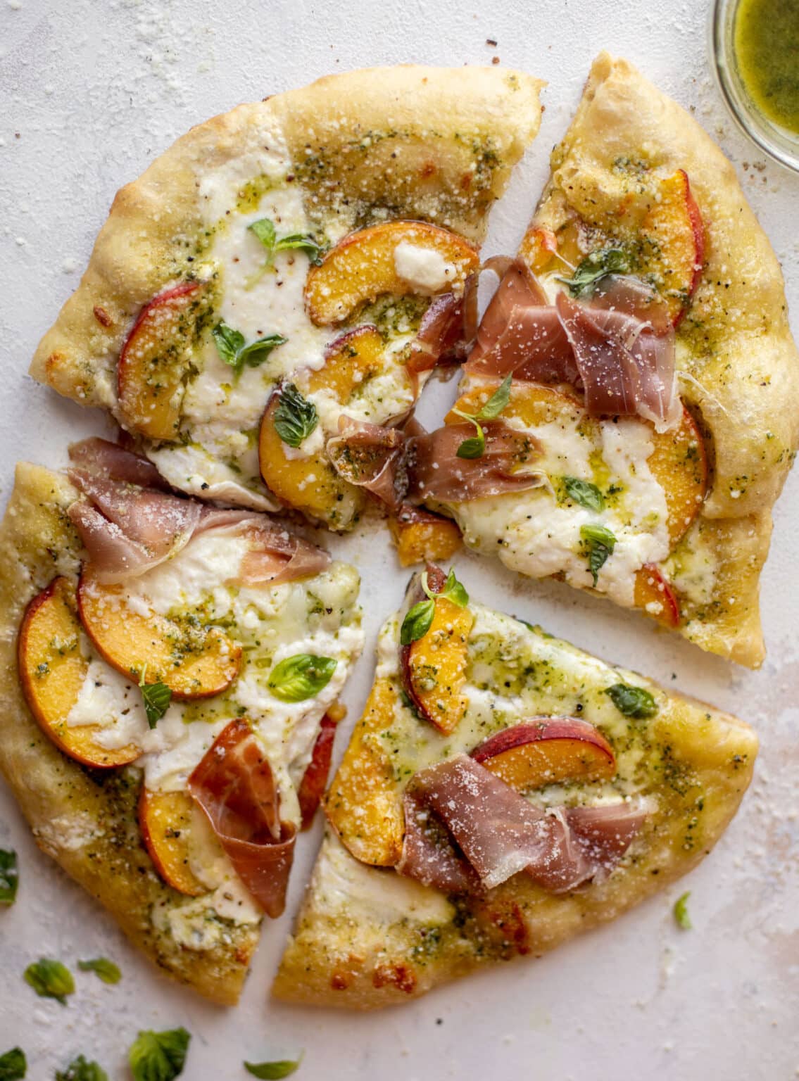 Pesto Peach Pizza with Prosciutto - Pesto Peach Pizza with Burrata
