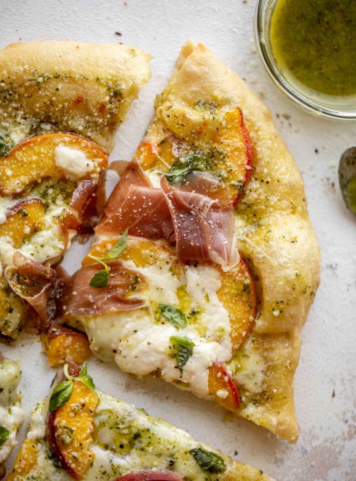 Pesto Peach Pizza with Prosciutto - Pesto Peach Pizza with Burrata
