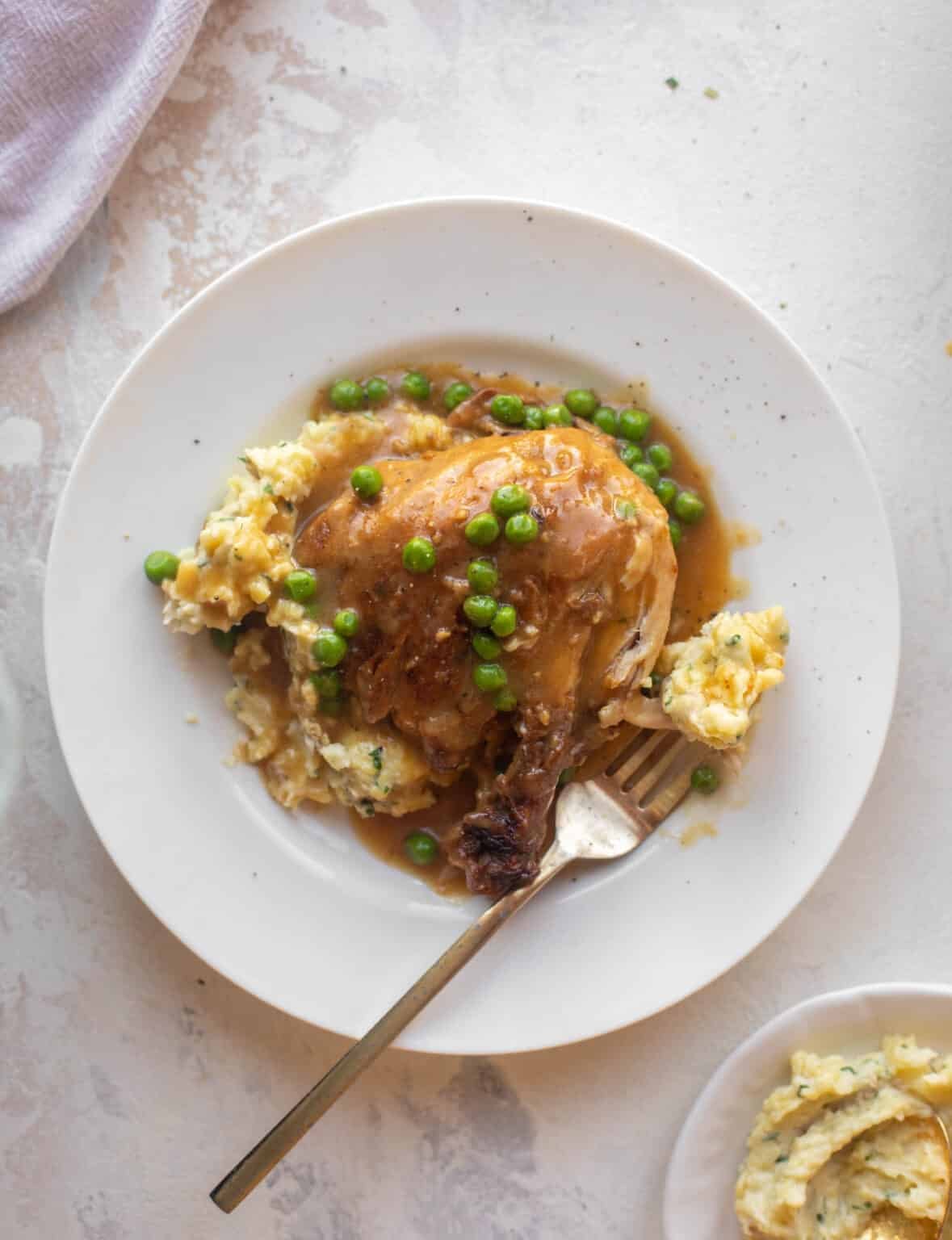 Spatchcock Spring Chicken with Peas and White Wine Gravy