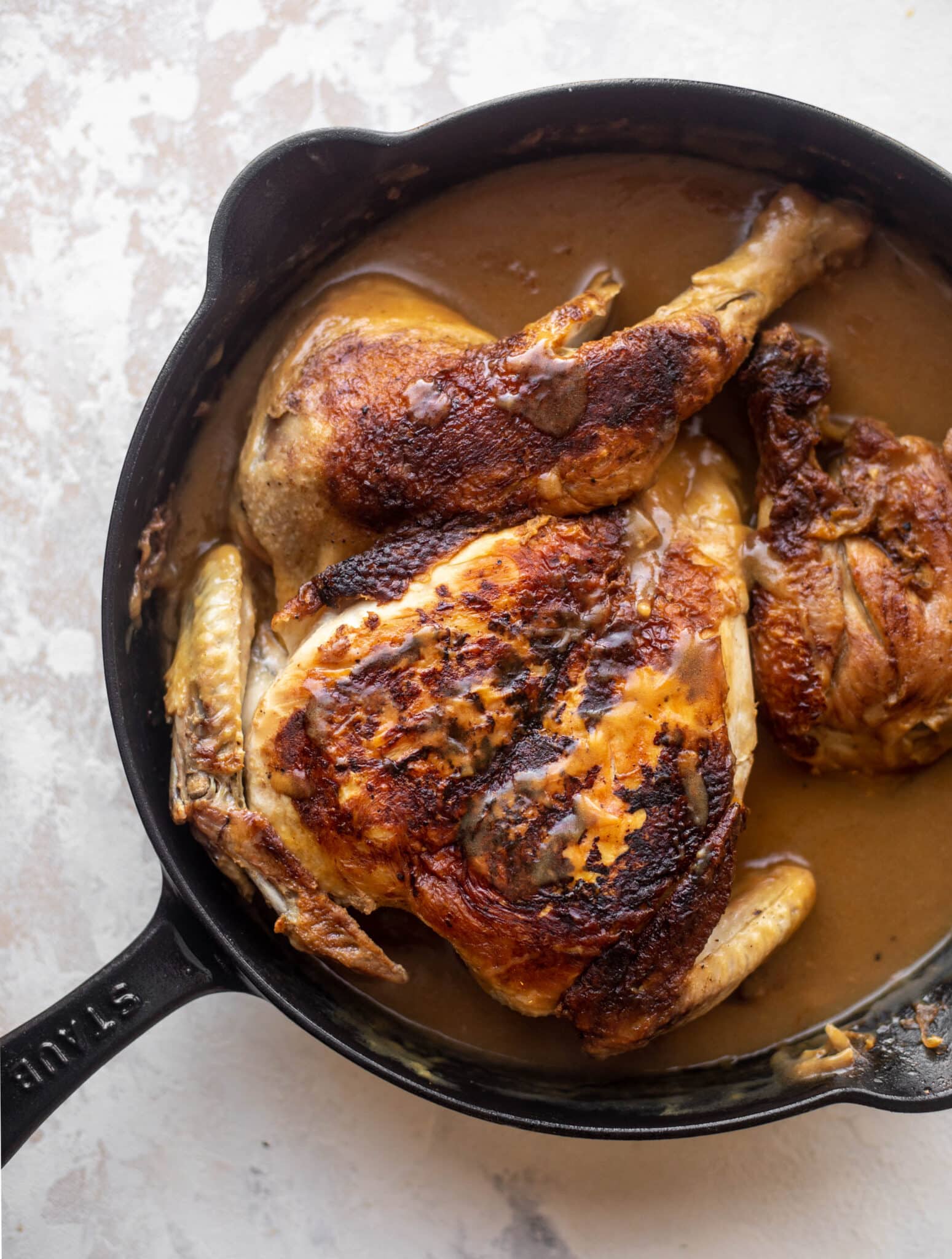 Spatchcock Spring Chicken with Peas and White Wine Gravy