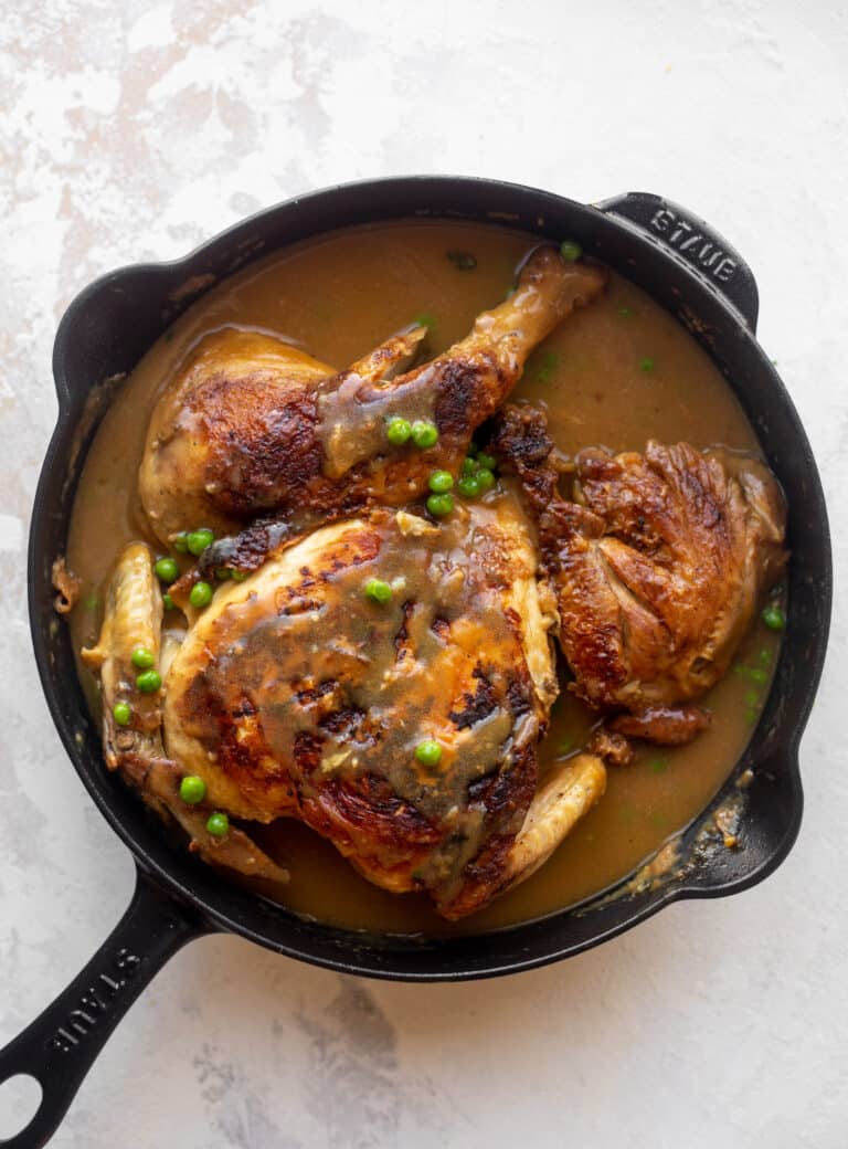 Spatchcock Spring Chicken with Peas and White Wine Gravy