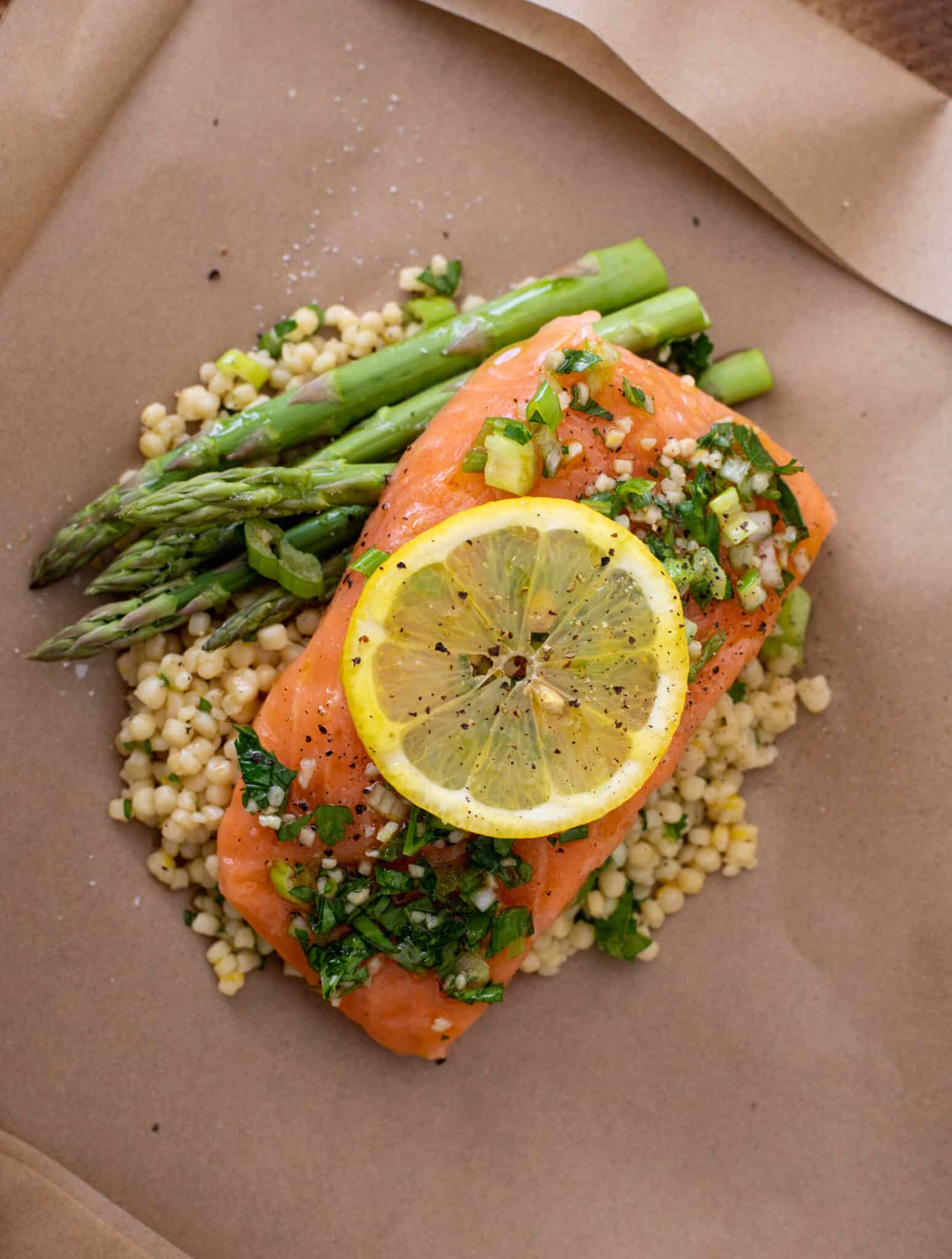 Salmon Parchment Packets with Couscous and Asparagus