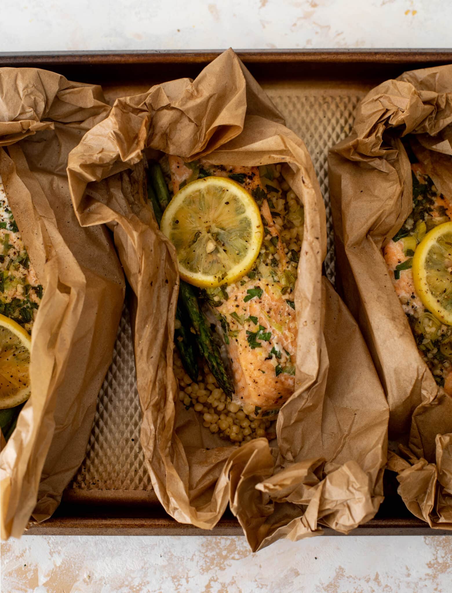 Salmon Parchment Packets with Couscous and Asparagus