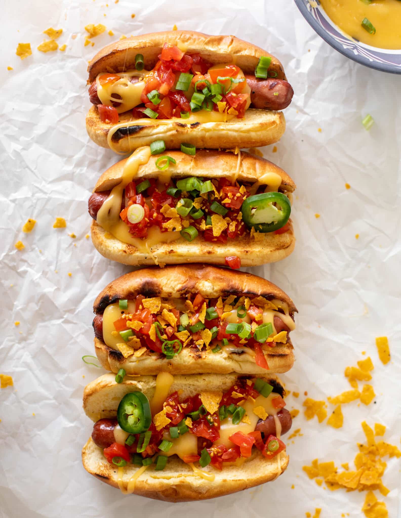 Queso Hot Dogs - Hot Dogs with Queso and Tortilla Chips