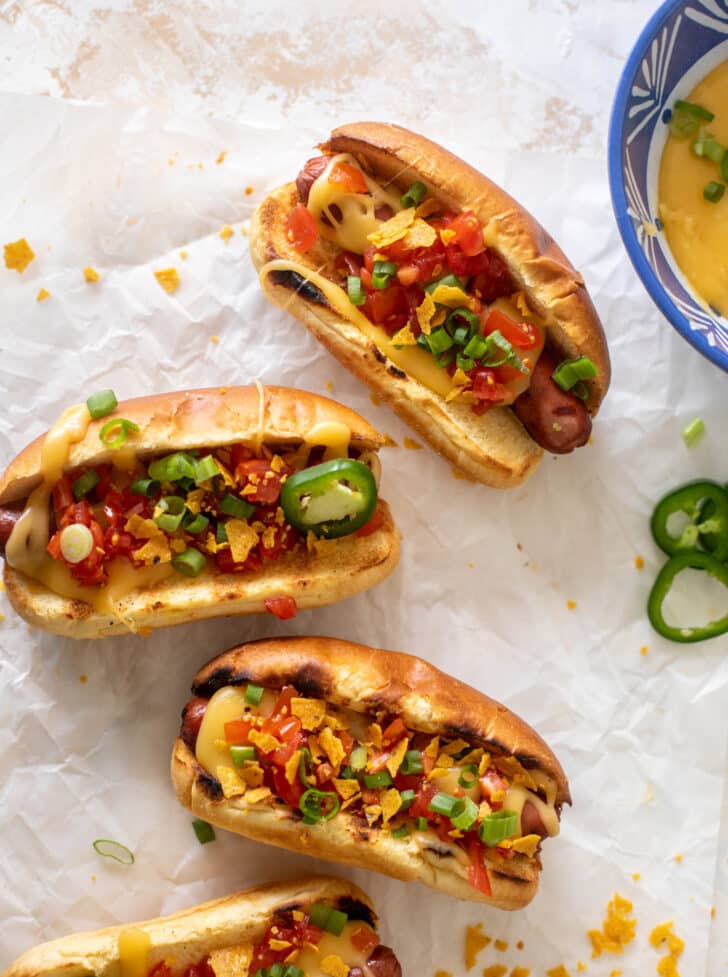 Queso Hot Dogs - Hot Dogs with Queso and Tortilla Chips