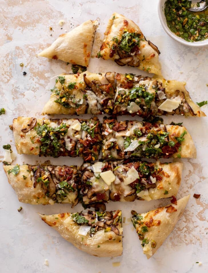 Summer Mushroom Pizza with Bacon and Pistachio Vinaigrette