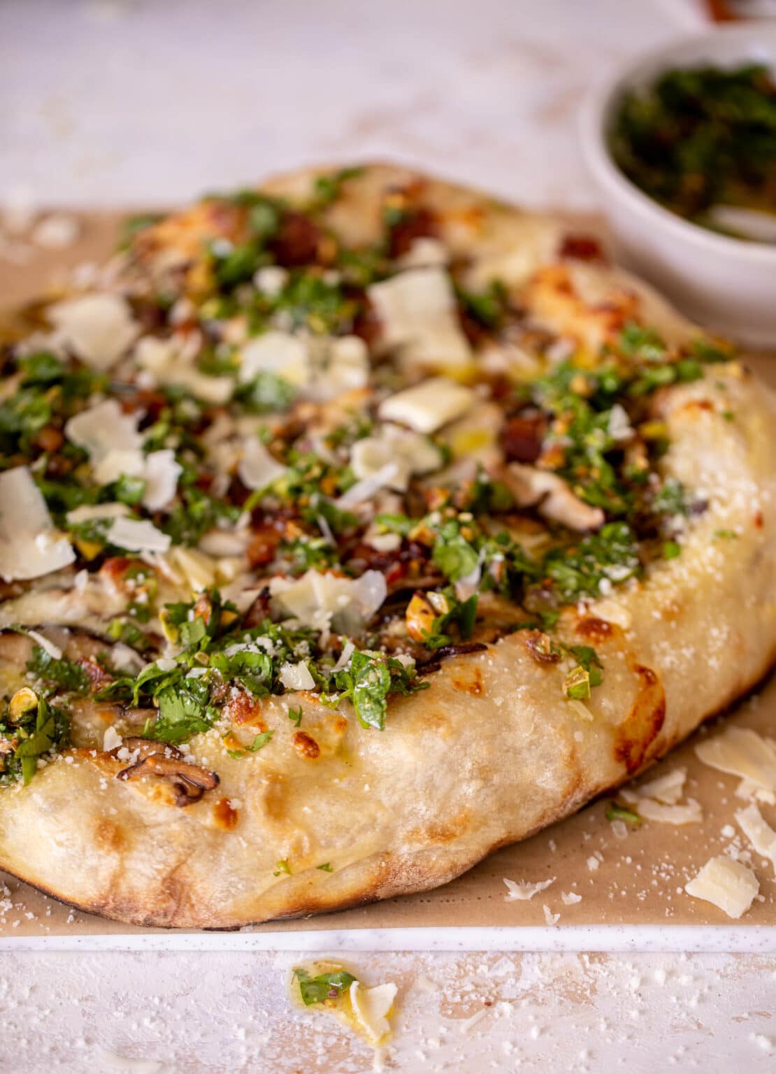 Summer Mushroom Pizza with Bacon and Pistachio Vinaigrette
