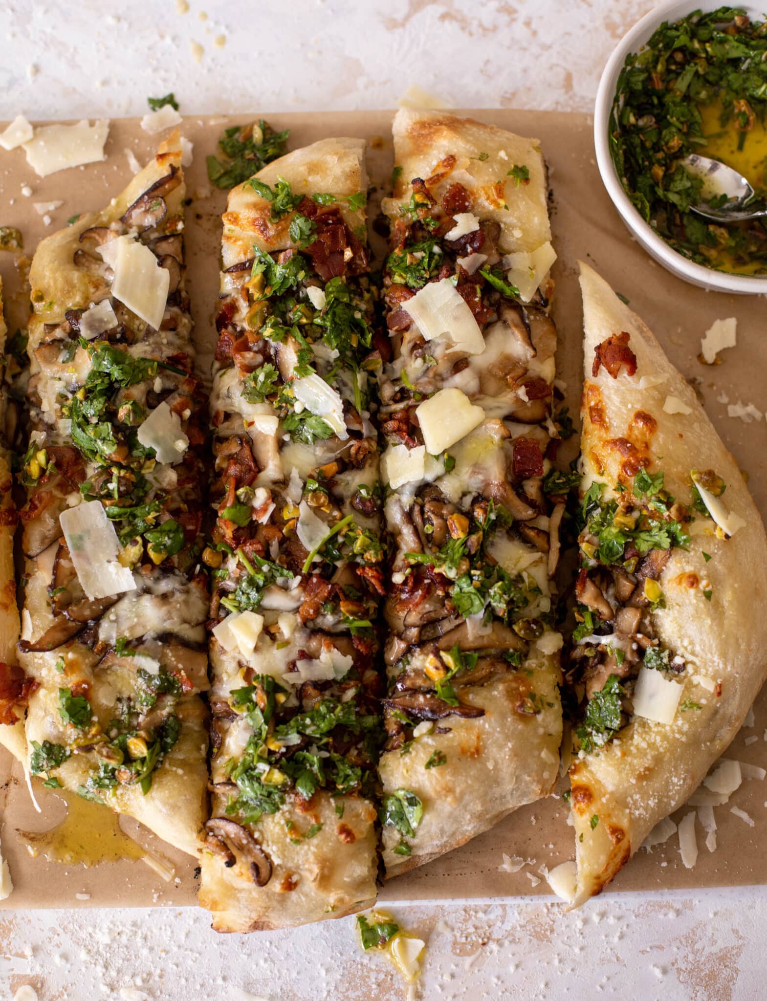 Summer Mushroom Pizza with Bacon and Pistachio Vinaigrette