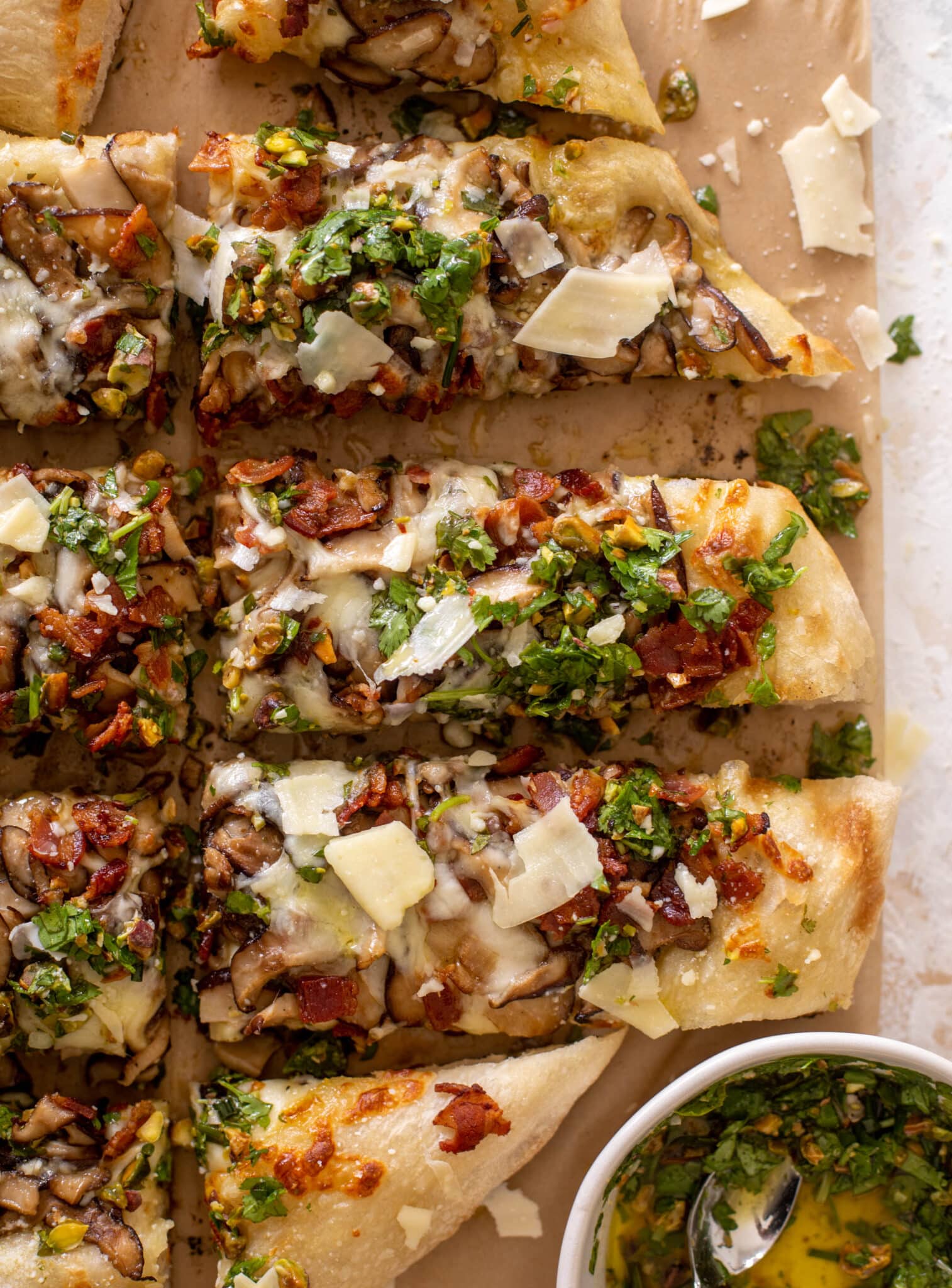 Summer Mushroom Pizza with Bacon and Pistachio Vinaigrette