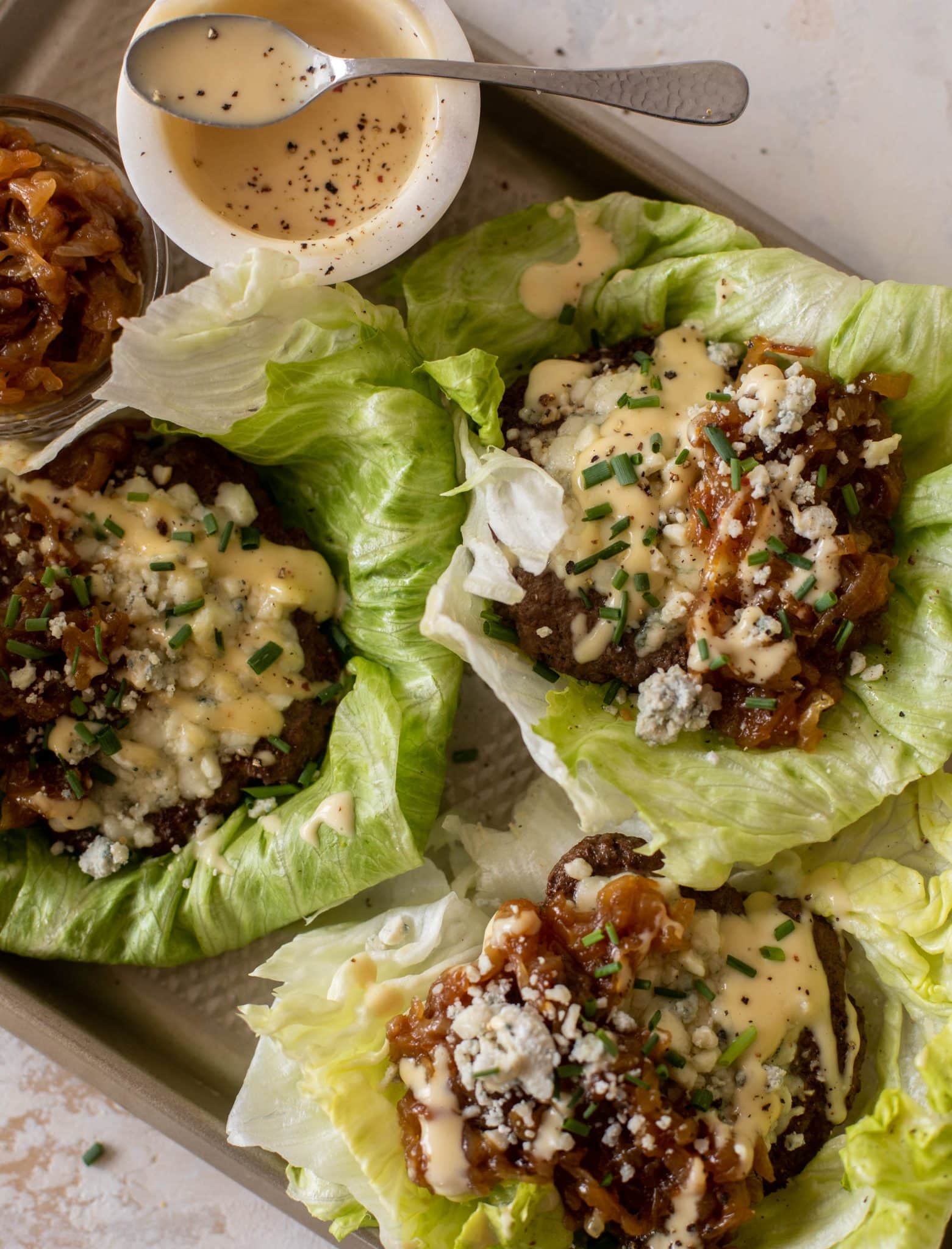 Lettuce Wrap Burgers with Caramelized Onions and Blue Cheese
