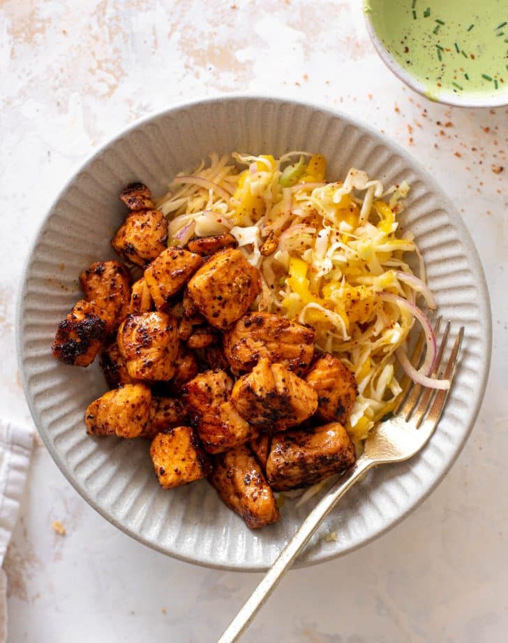Chili Lime Salmon Bites with Mango Slaw
