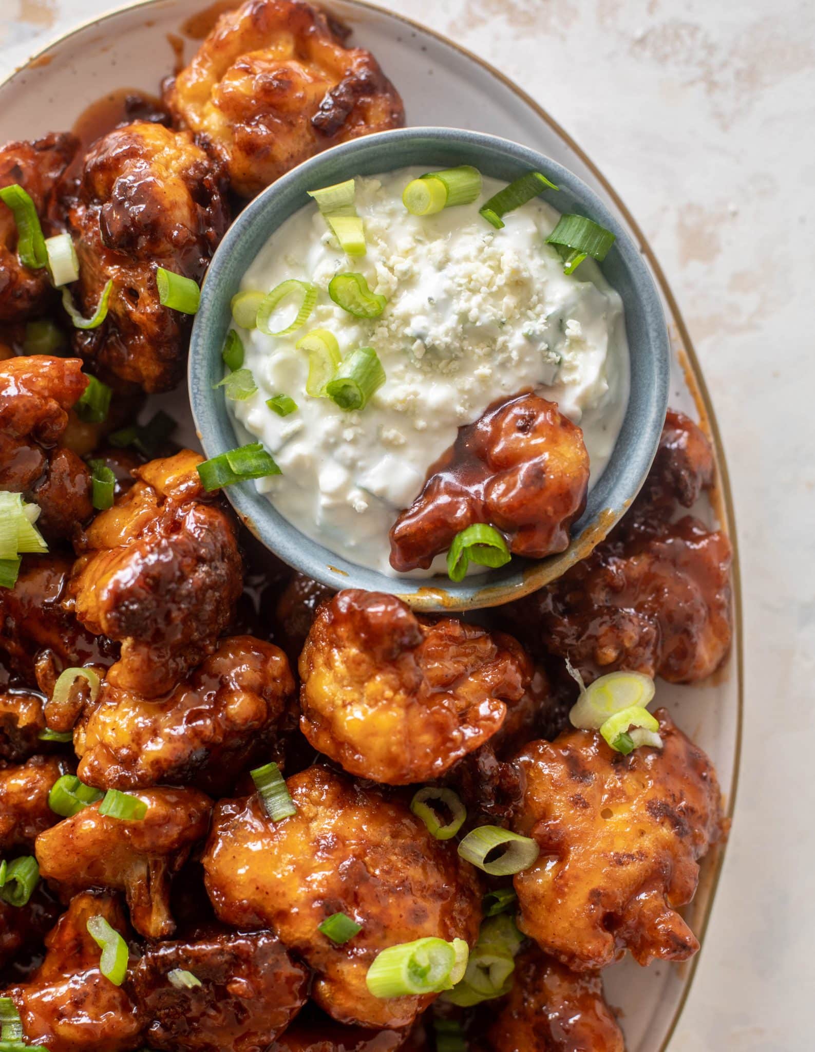 BBQ Cauliflower Bites with Blue Cheese Sauce